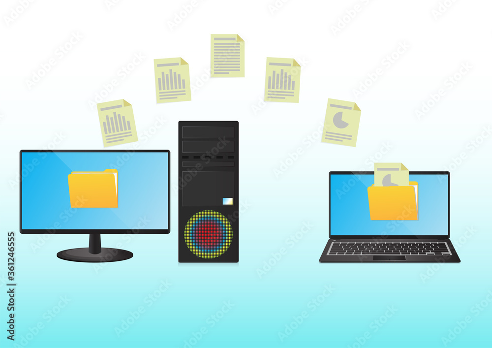 Laptop with folder on screen and file transferred to computer personal ...