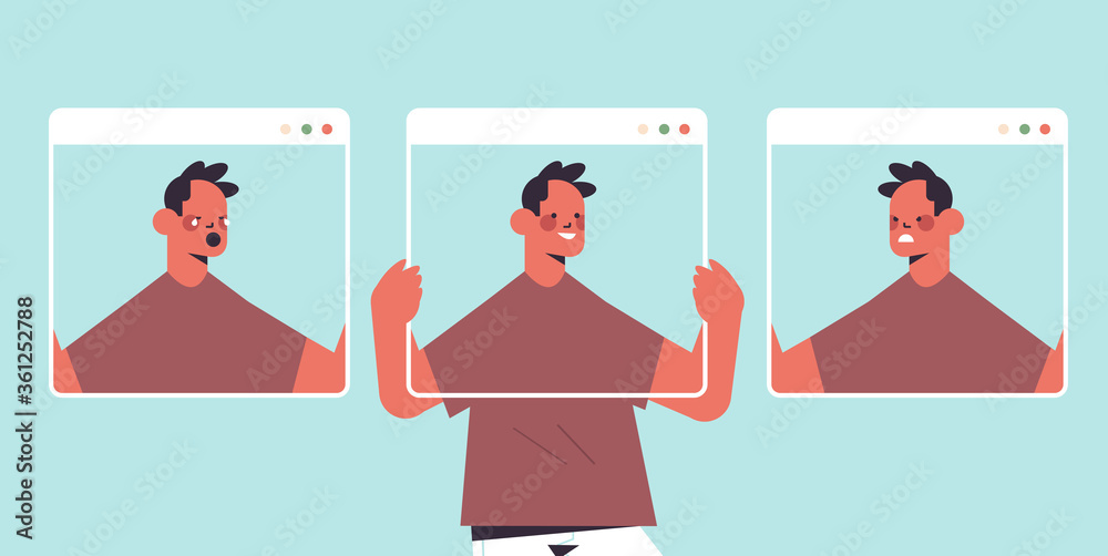 man holding screens with different masks guy covering face emotions ...