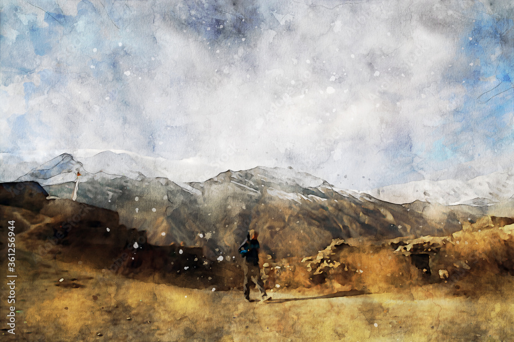 Abstract painting of solo trekker on mountain, digital watercolor ...