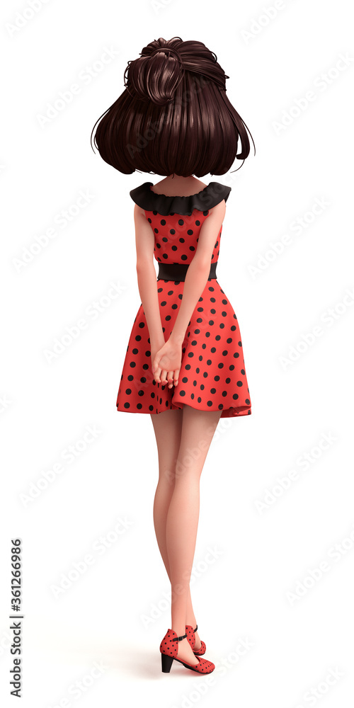 Cartoon brunette girl. Beautiful fashion valentines girl in red dress ...