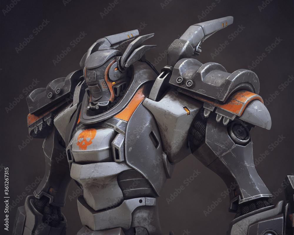 Mech samurai warrior with big pauldrons. Futuristic robot with white ...