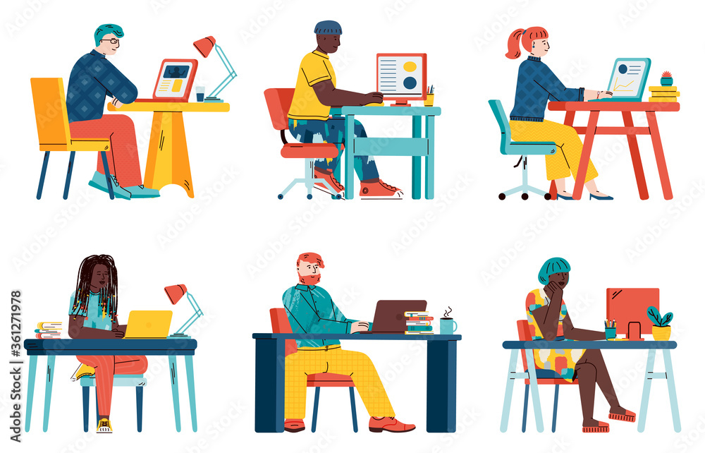 People with laptop computers behind office desk or table - isolated set ...