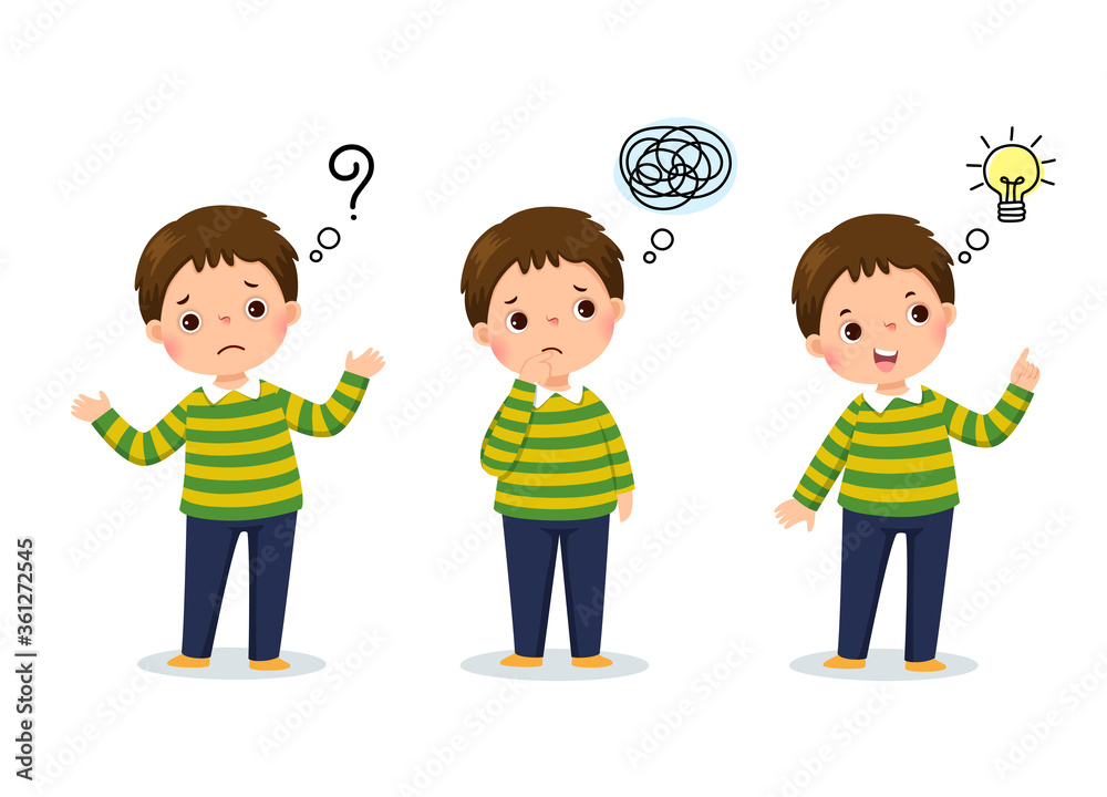 Vector illustration of cartoon child thinking. Thoughtful boy, confused ...