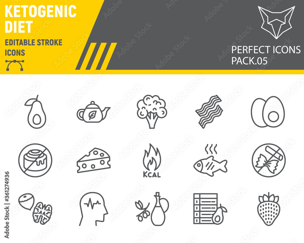 Keto diet line icon set, ketogenic symbols collection, vector sketches ...