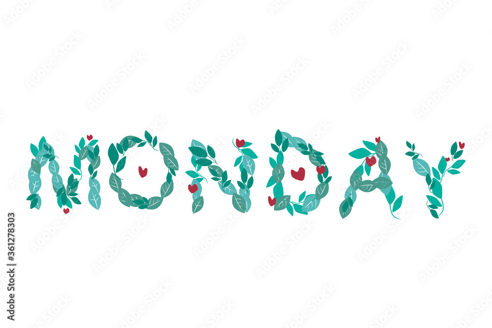 Monday as text or word with font from green leaves isolated on white ...