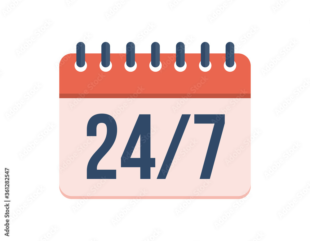 Red Calendar 24/7 Vector Illustration Isolated on White Background ...