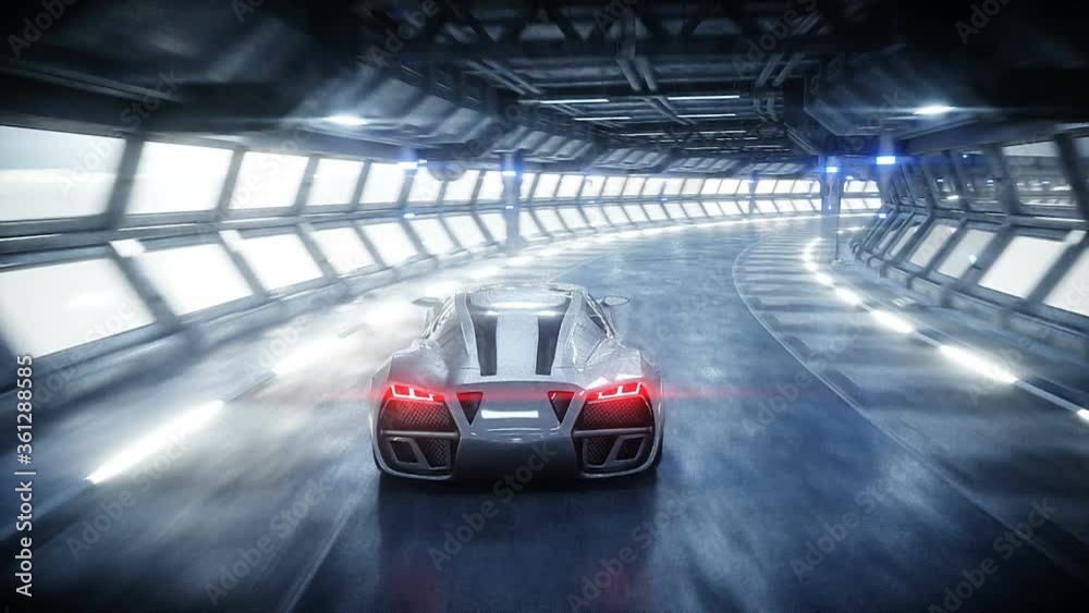 futuristic car fast driving in sci fi tunnel, coridor. Concept of ...
