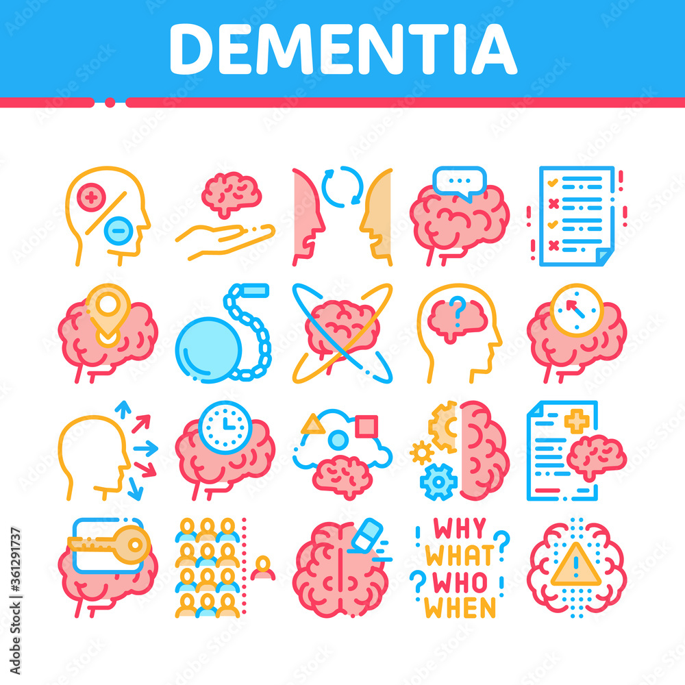 Dementia Brain Disease Collection Icons Set Vector. Dementia Mind ...
