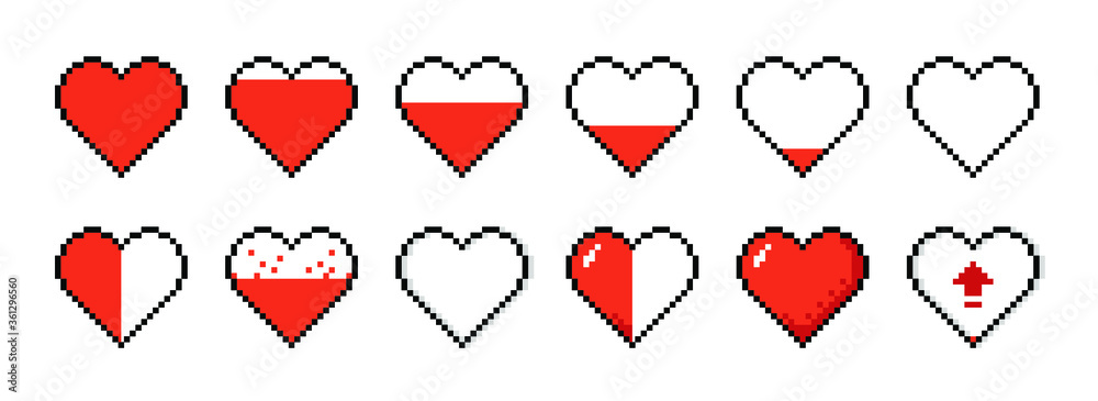 Pixel health heart bar. Isolated black and red vector game symbols on ...