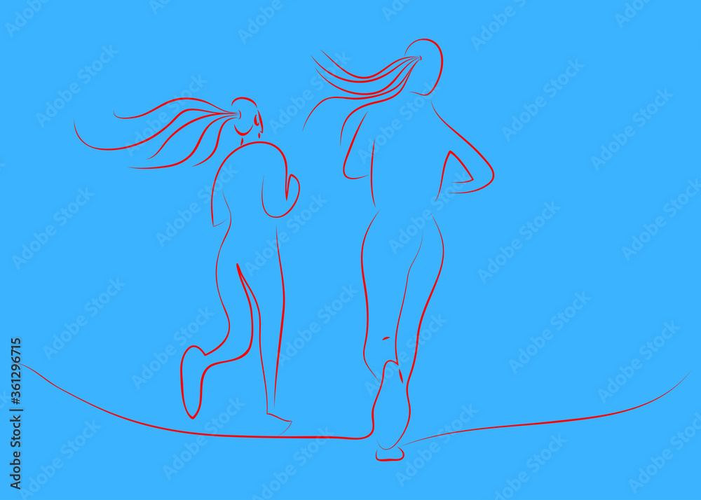 Line drawing illustration of two running women. Sport vector. Red line ...