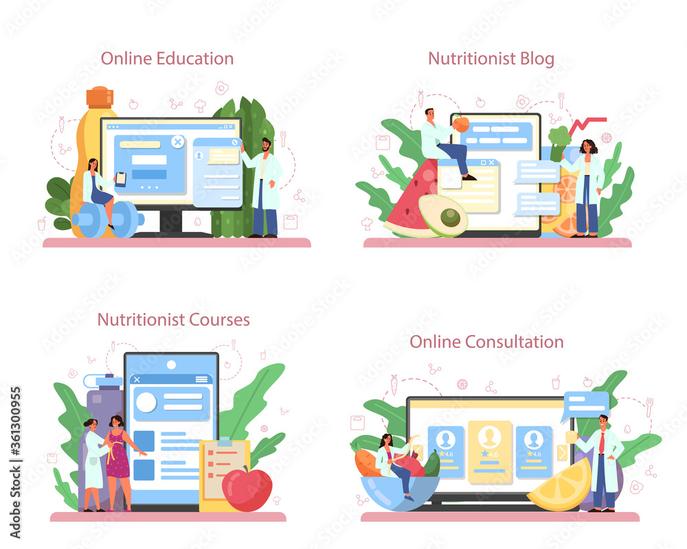 Nutritionist online service or platform set. Diet plan with healthy ...