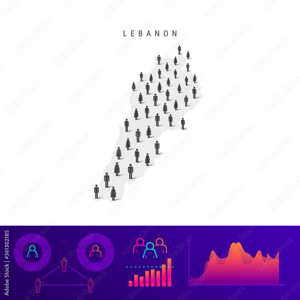 Lebanese people map. Detailed vector silhouette. Mixed crowd of men and ...