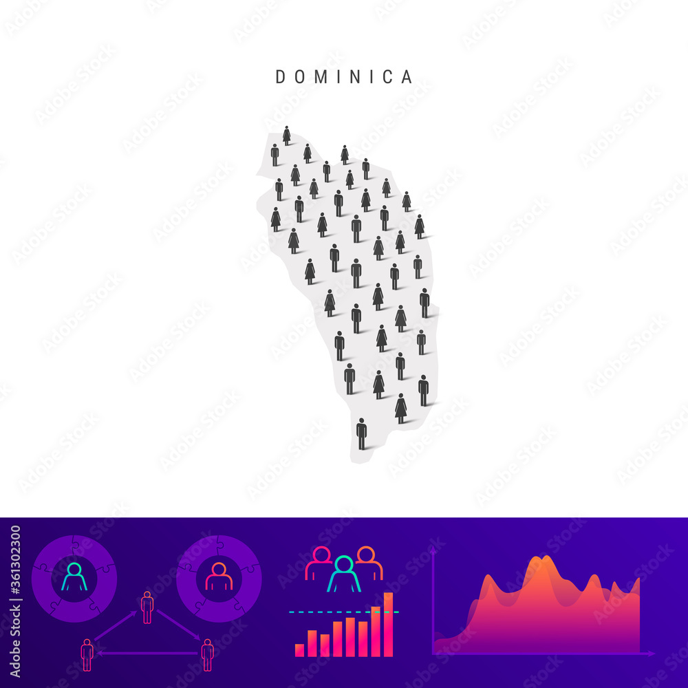 Dominica people map. Detailed vector silhouette. Mixed crowd of men and ...