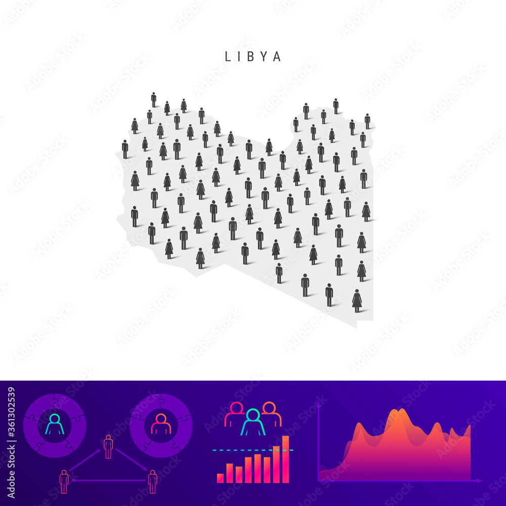 Libya people map. Detailed vector silhouette. Mixed crowd of men and ...