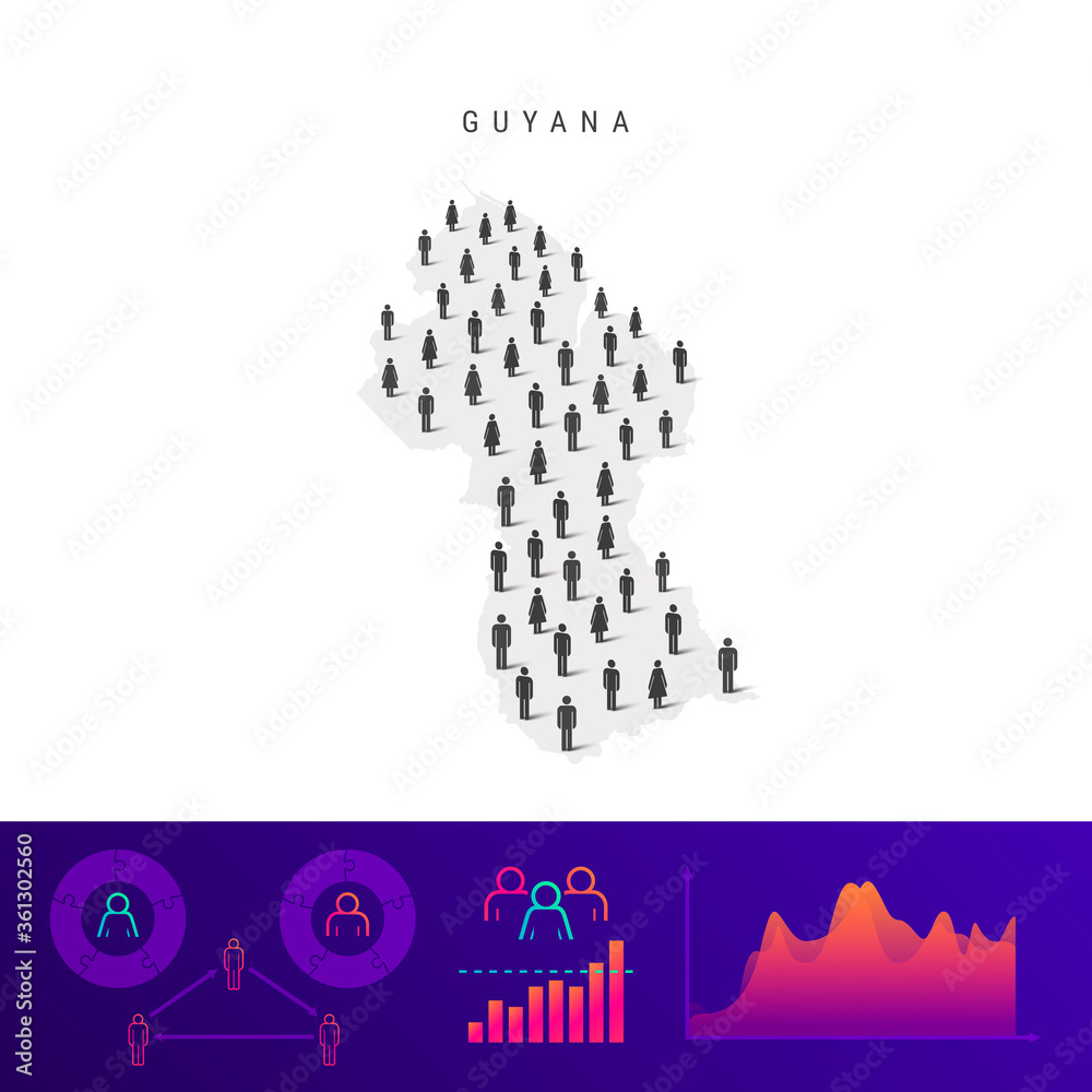 Guyana people map. Detailed vector silhouette. Mixed crowd of men and ...