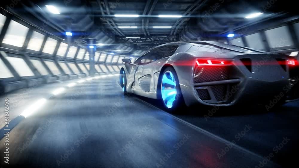 futuristic car fast driving in sci fi tunnel, coridor. Concept of ...