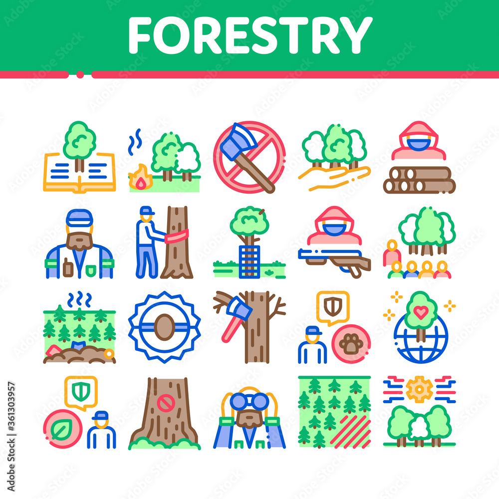 Forestry Lumberjack Collection Icons Set Vector. Forestry Working ...