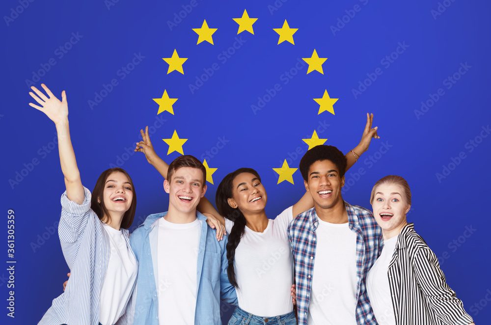 Student Exchange Programs In Eu. Multiracial Teens Posing Over Europe ...