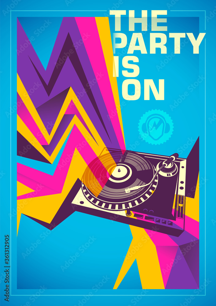 Modern style party poster design with turntable. Vector illustration ...