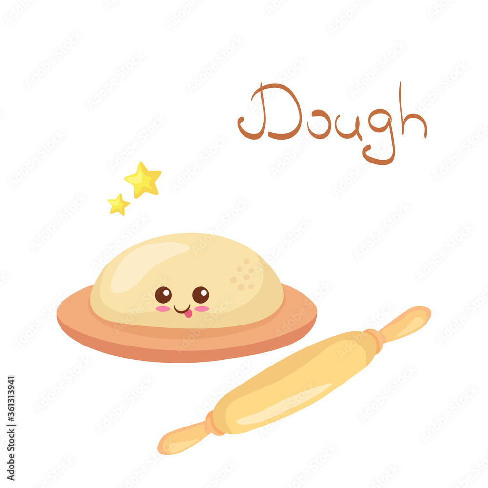 Vecteur Stock Cute Dough character on wooden board with rolling pin ...