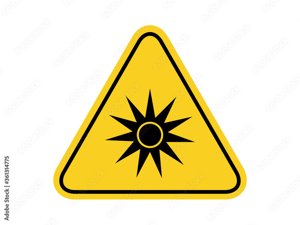isolated optical radiation, common hazards symbols on yellow round ...