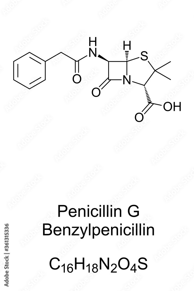 Benzylpenicillin, chemical structure and skeletal formula of penicillin ...