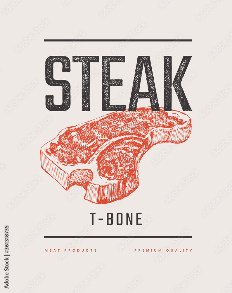 T-bone meat steak slice vector illustration. Hand-drawn piece of fresh ...