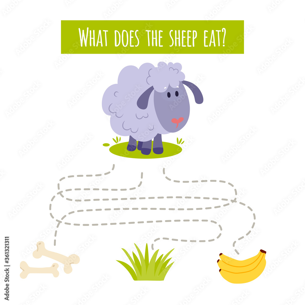Matching children educational game. Match sheep and food. Activity for ...
