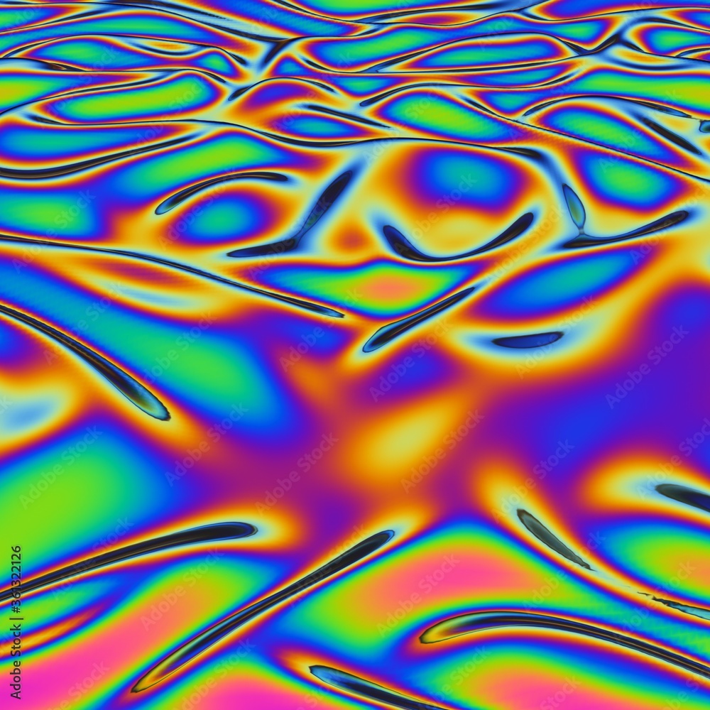 3D rendering of holographic iridescent wavy surface, topographic or ...