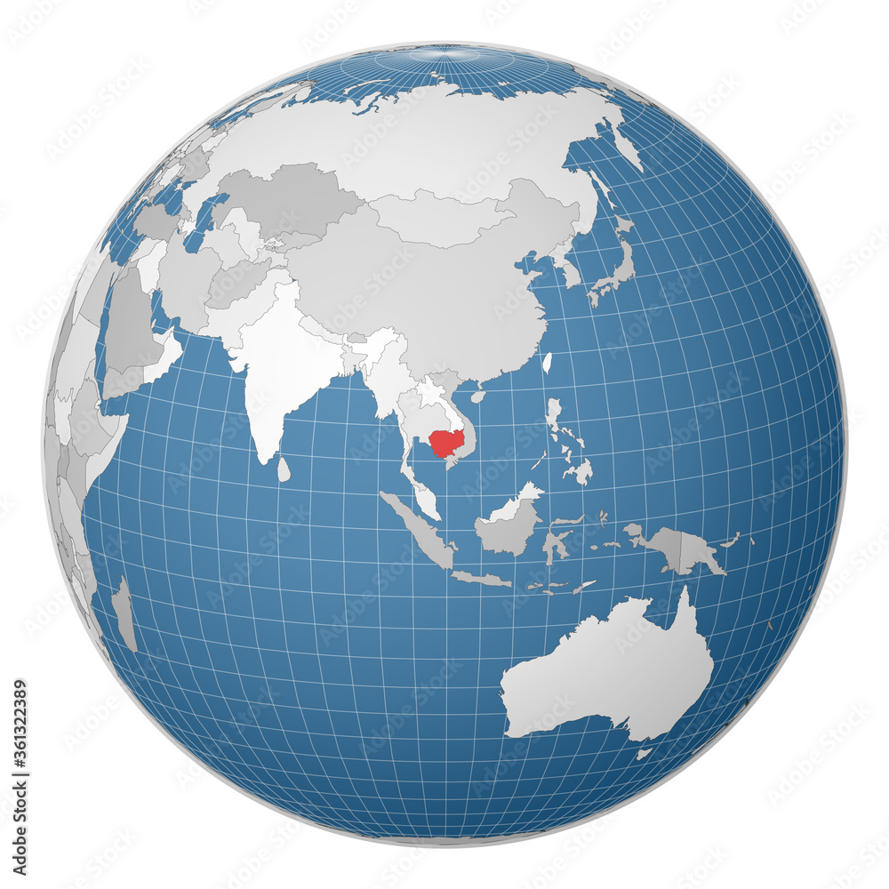 Globe centered to Cambodia. Country highlighted with green color on ...