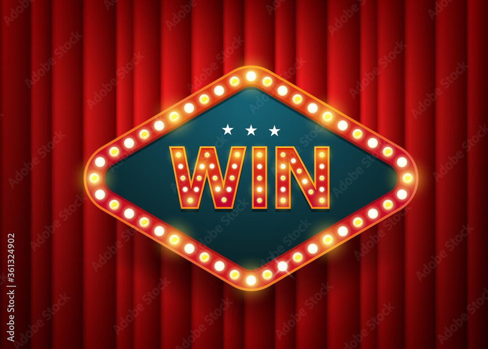 Win, Retro poster speech bubble. electric bulbs frame on red curtain ...