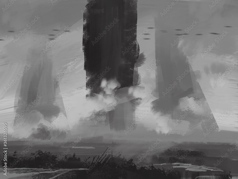 digital painting of epic futuristic dystopian towers in a large field ...