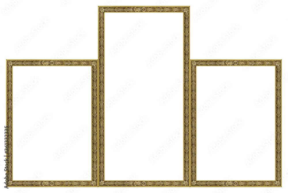 Triple golden frame (triptych) for paintings, mirrors or photos isolated on white background ...