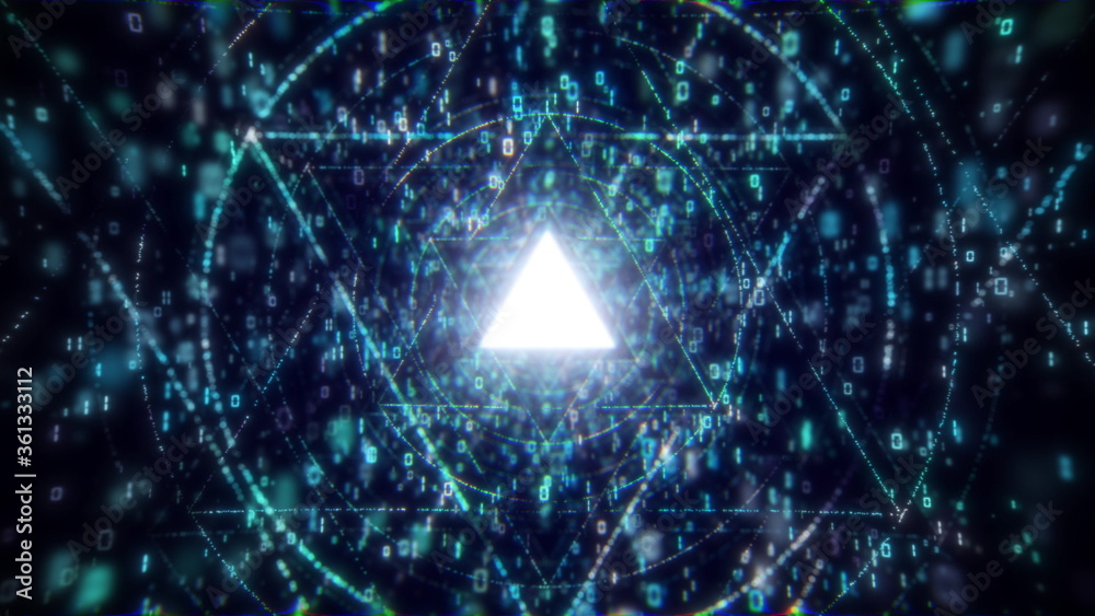 3D Big Data Digital tunnel triangle. Flying into space web structure ...
