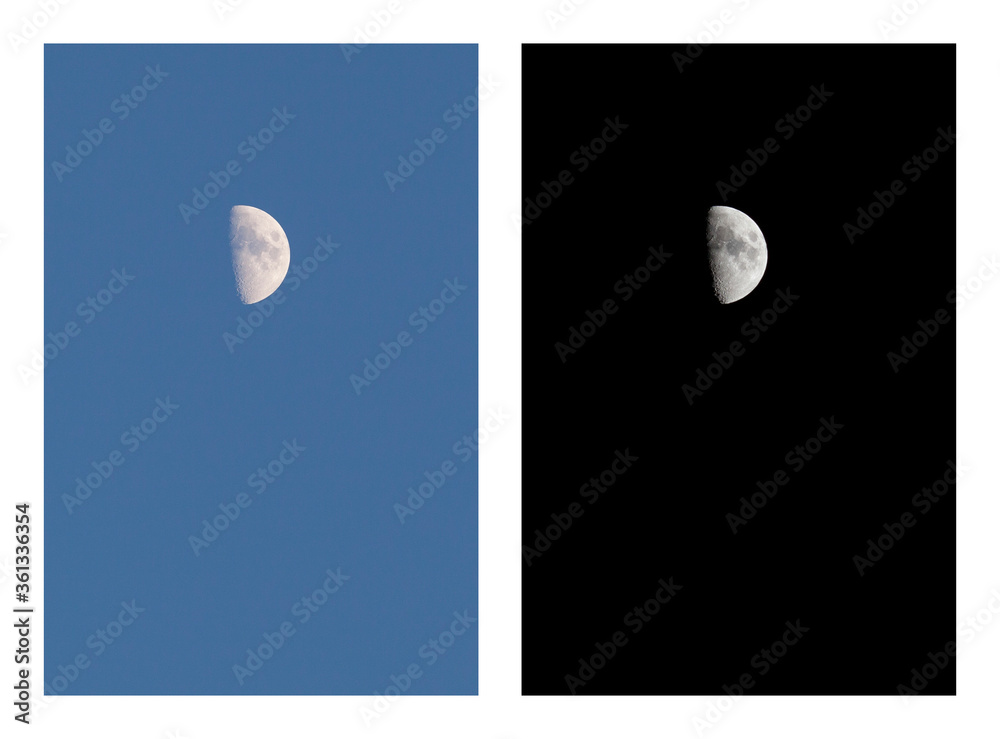 Moon day and night. Collage. Two photos from one point at different ...