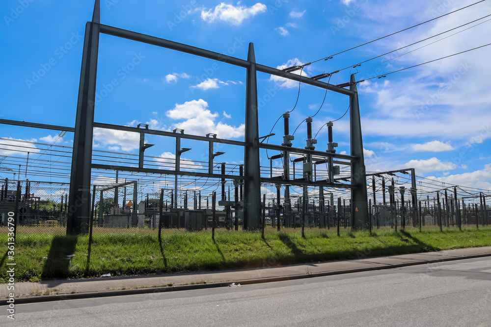Electrical Transformer. Distribution of electric energy at a big ...