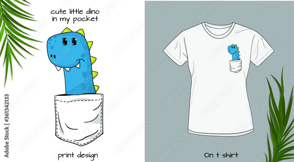 Cute little dino in my pocket. Cartoon childish illustration with baby ...
