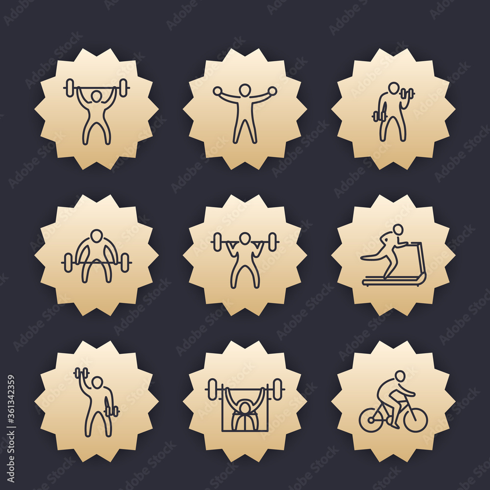 Gym, fitness exercises icons, gold badges with linear pictograms Stock ...