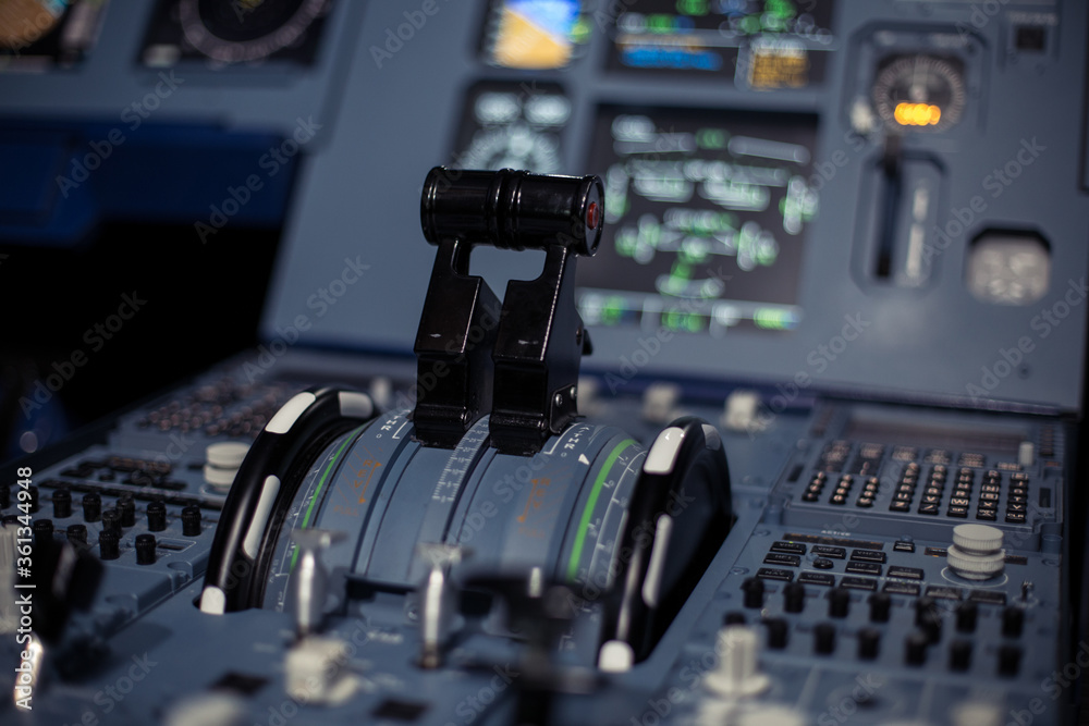 Control aviation panel of plane in cockpit. Plane cockpit with many ...