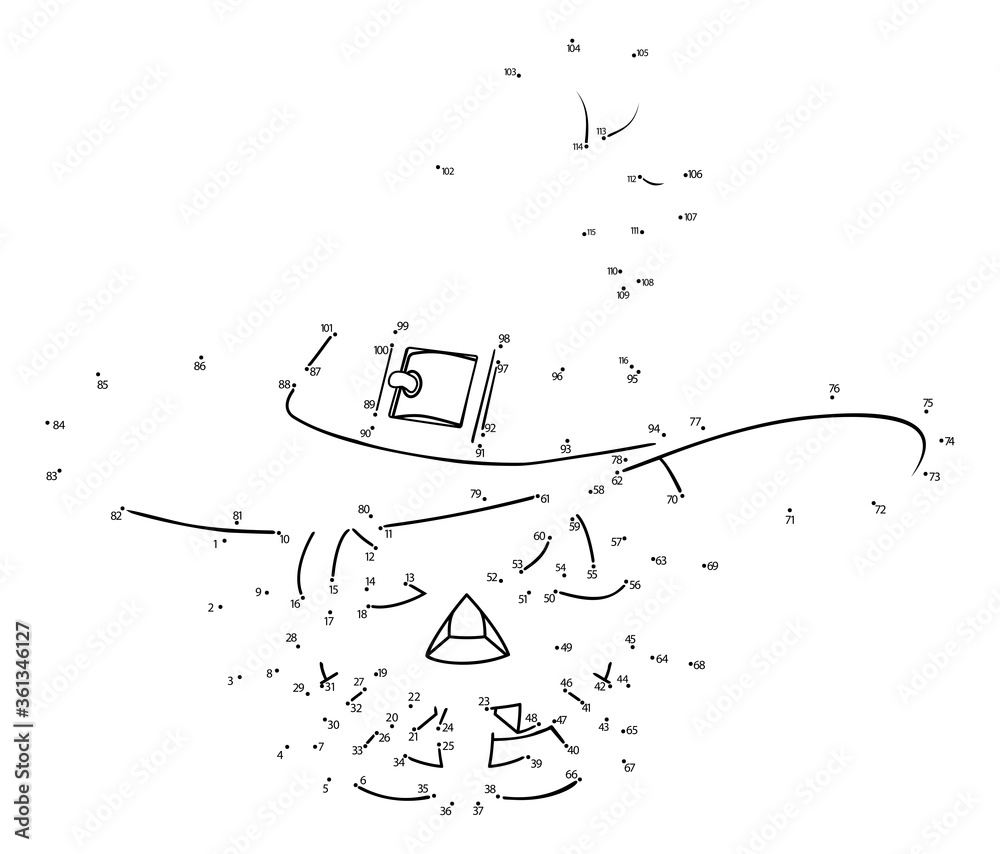 A connect or join dots to dot kids puzzle work sheet cartoon drawing of ...