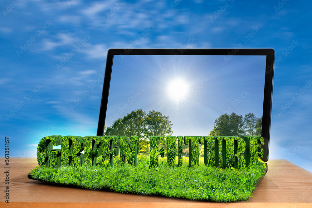 Green future. Open laptop with 3D text green future and grass texture ...