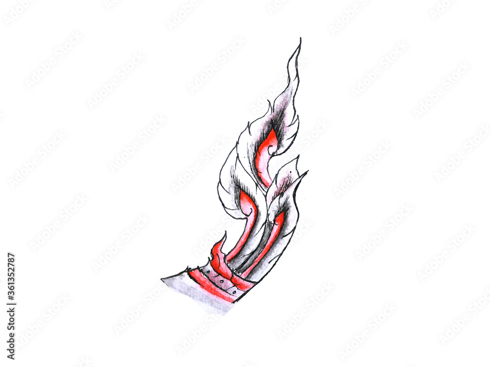 watercolor hand drawn traditional line thai fire isolated on white ...