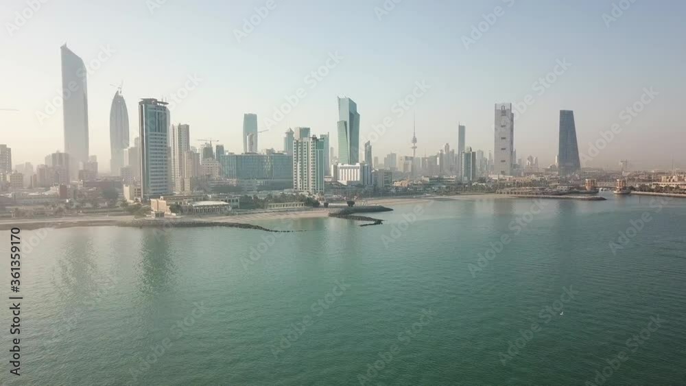 Panoramic Aerial Footage of Kuwait City Skyline. Arabian / Persian Gulf ...