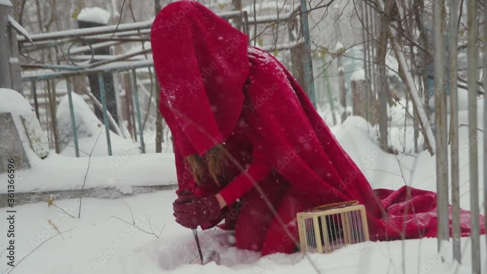 Little Red Riding Hood in the winter cemetery. Killing with a knife in ...