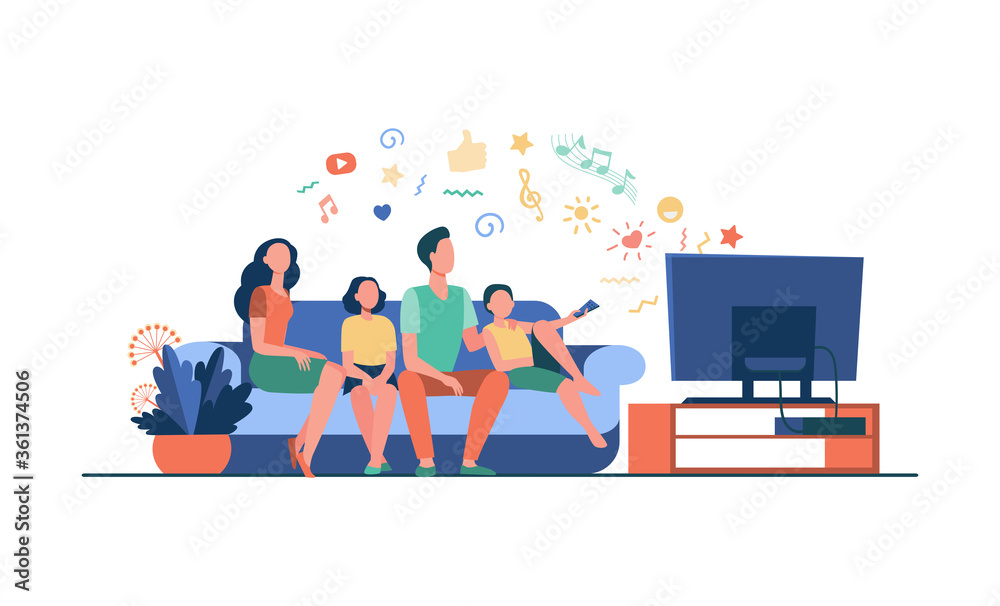 Cartoon happy family watching television together isolated flat vector ...