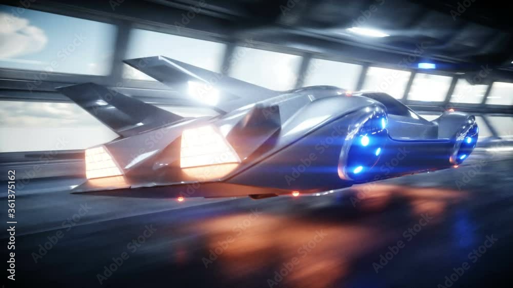 futuristic flying car fast driving in sci fi tunnel, coridor. Concept ...