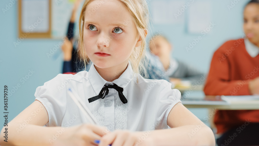 In Elementary School Class: Portrait of a Brilliant and Cute Caucasian ...