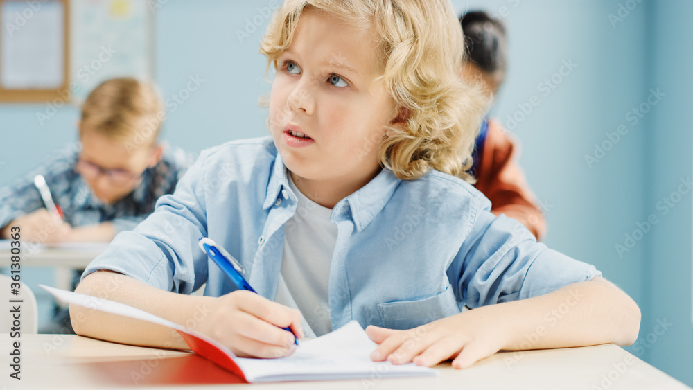 In Elementary School Class: Portrait of a Brilliant and Cute Caucasian ...