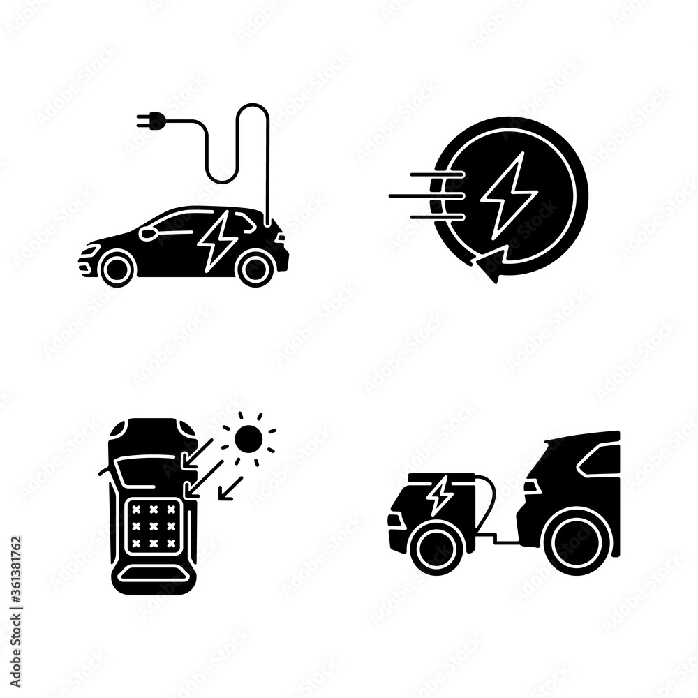 Alternative energy transport black glyph icons set on white space. EV ...
