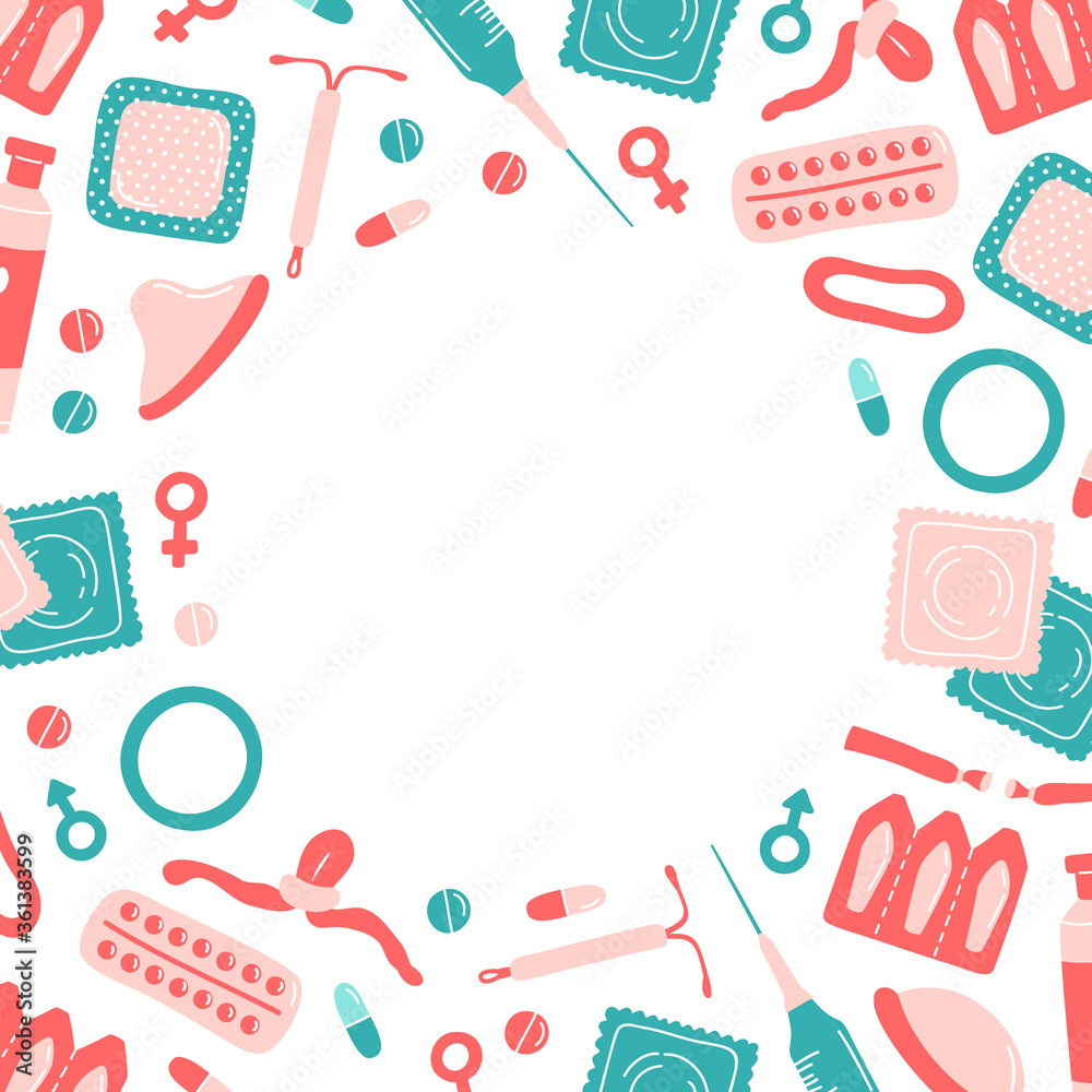 Contraception methods round frame on white. Contraceptive patch ...